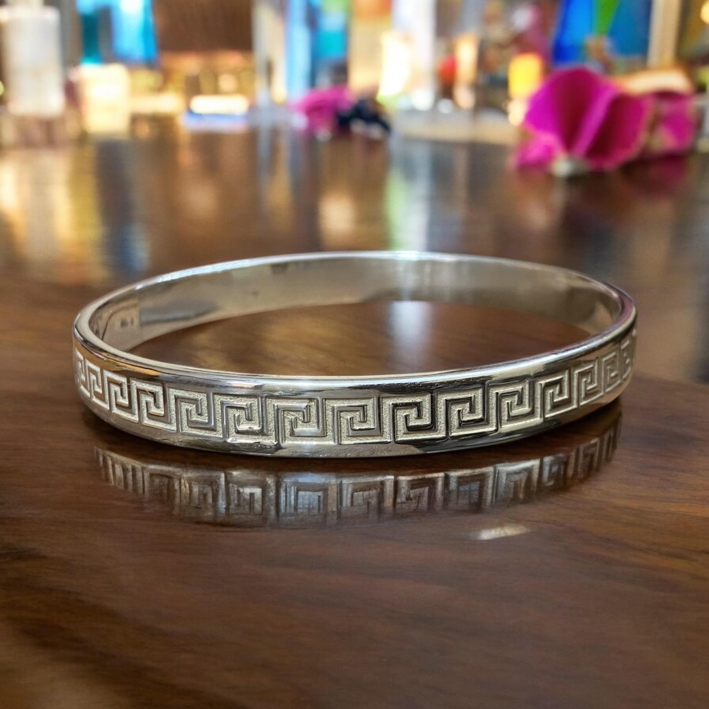 Sterling Silver Men's Kada Bangle: Engraved Greek Pattern Bracelet - Etsy
