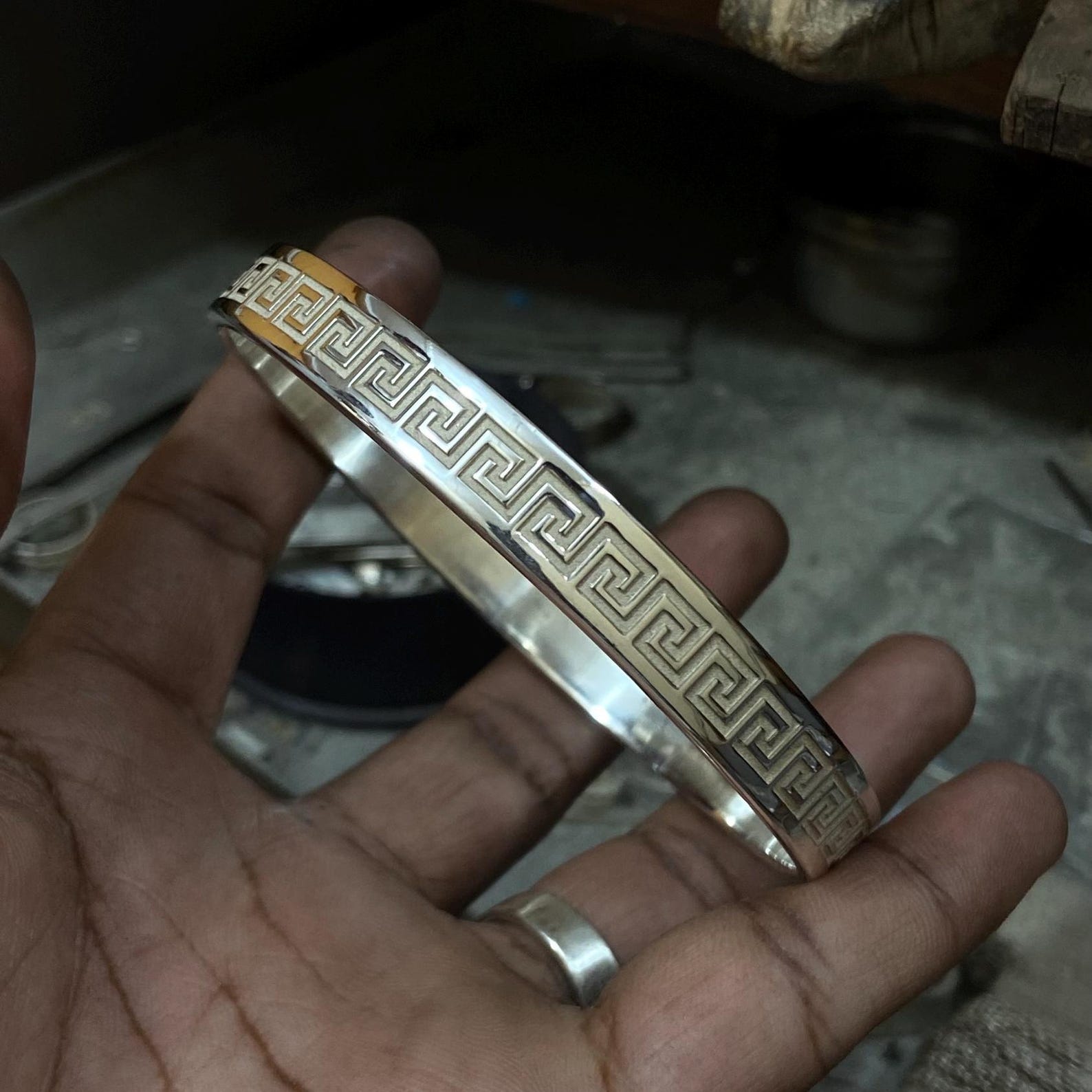 Sterling Silver Men's Kada Bangle: Engraved Greek Pattern Bracelet - Etsy