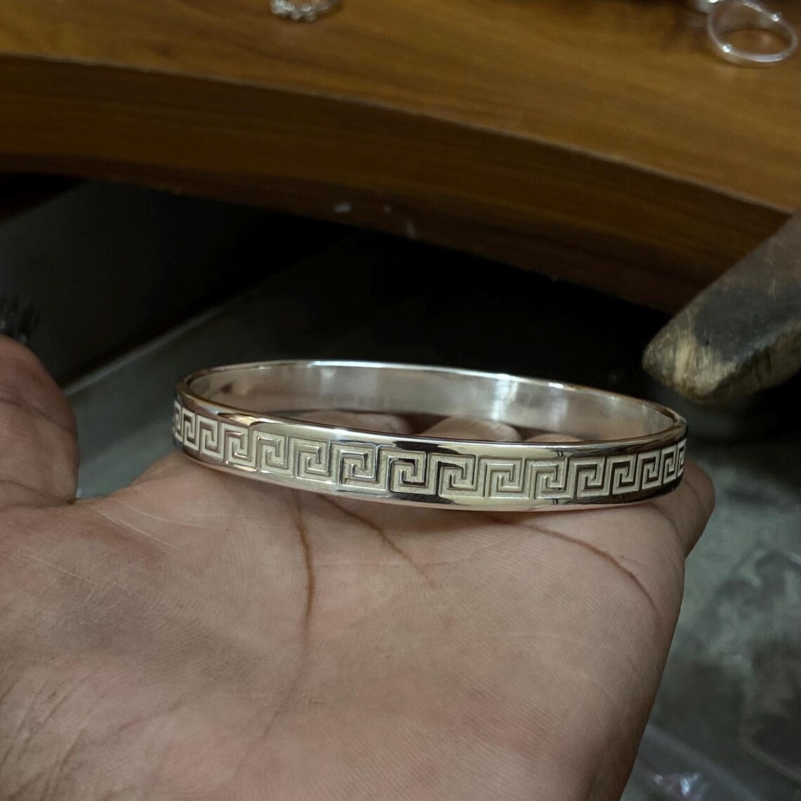 Sterling Silver Men's Kada Bangle: Engraved Greek Pattern Bracelet - Etsy