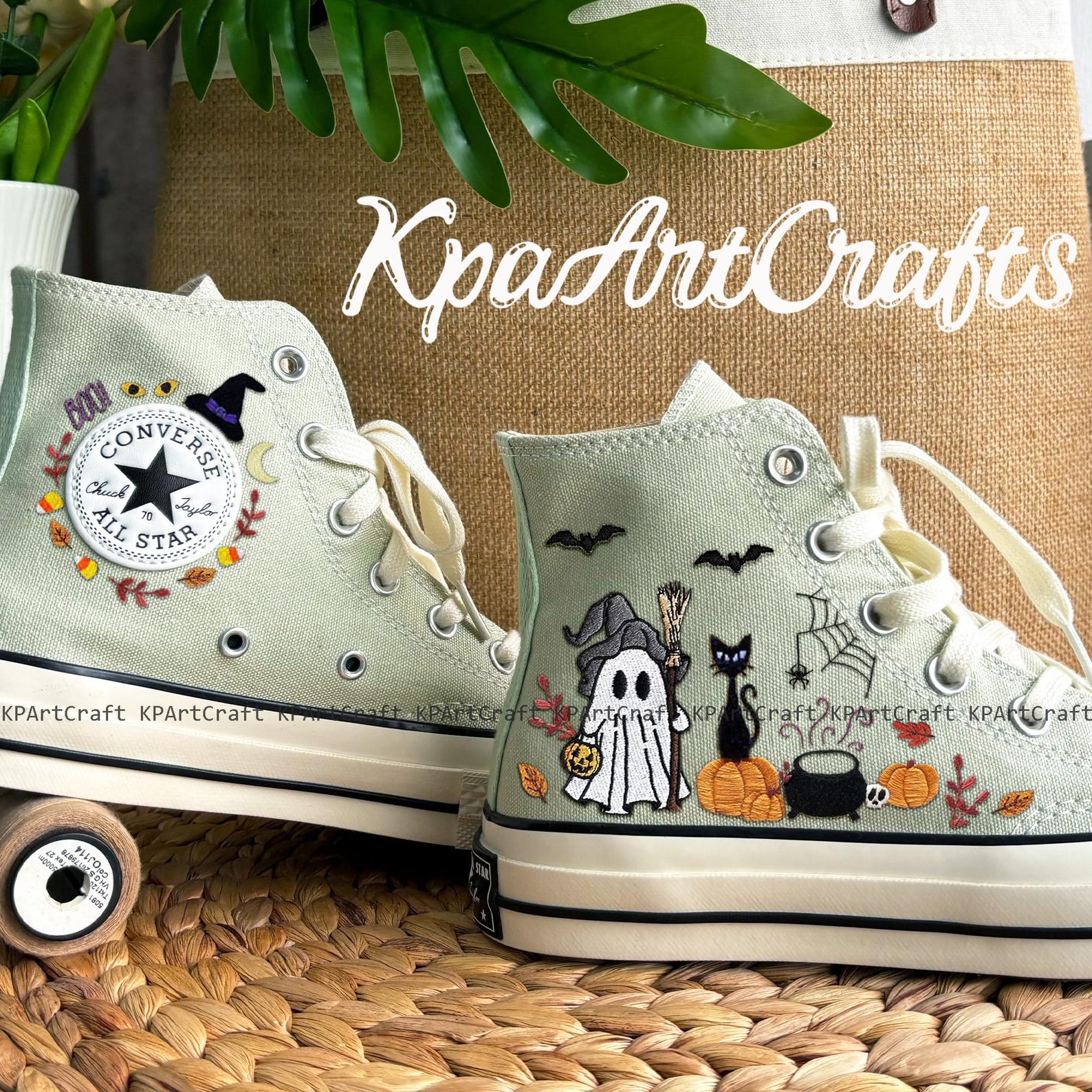Custom Ghost and Witch Cat Embroidery Converse, Embroidered Ghost ...