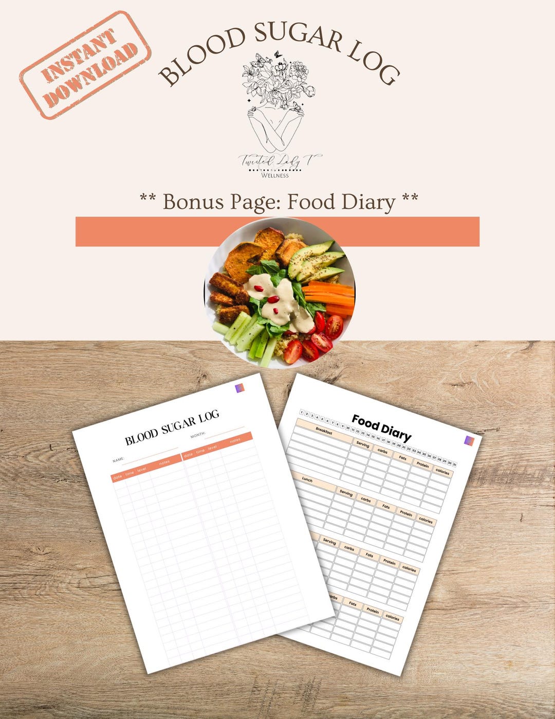 TLT WELLNESS Blood Sugar Log & Food Diary Printable | Daily Diabetes ...