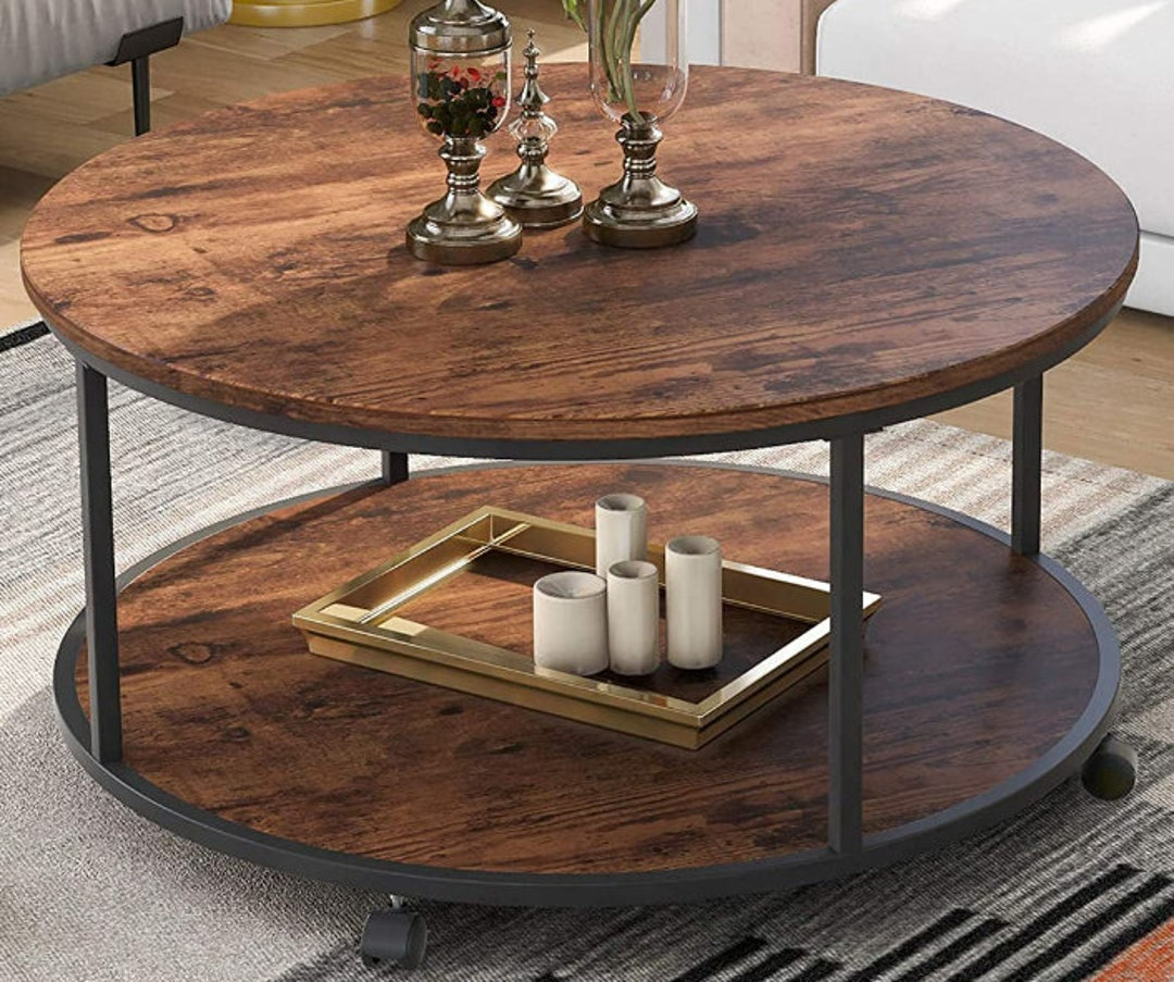 Rustic Style Coffee Table Round Coffee Table With Casters and Wood ...