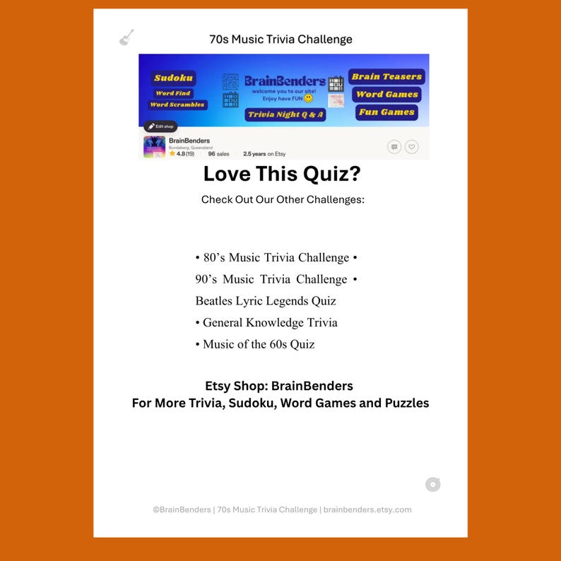 70's MUSIC TRIVIA Challenge – Printable PDF Quiz Pack - Etsy Australia