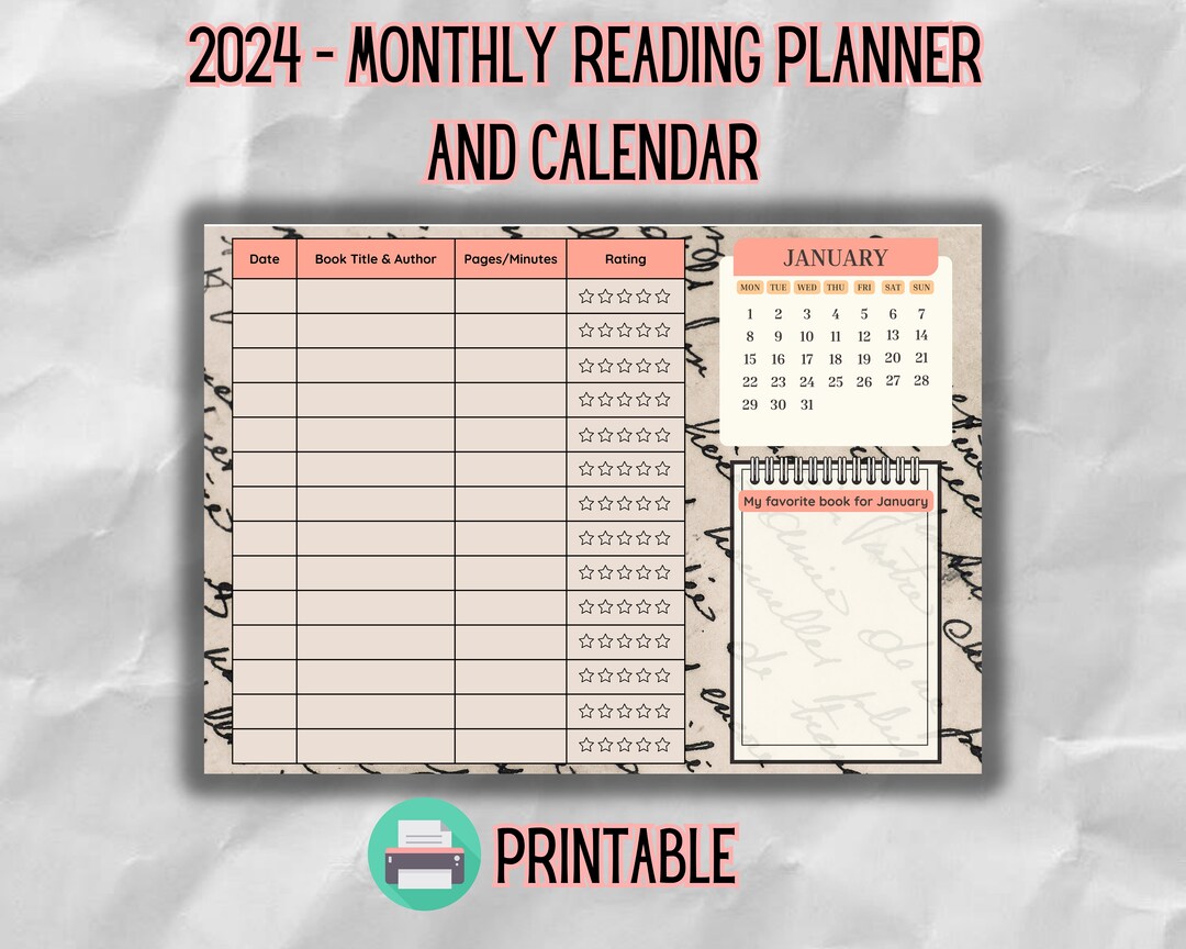 2024 Monthly Reading Planner and Calendar Printable Reading Planner and ...