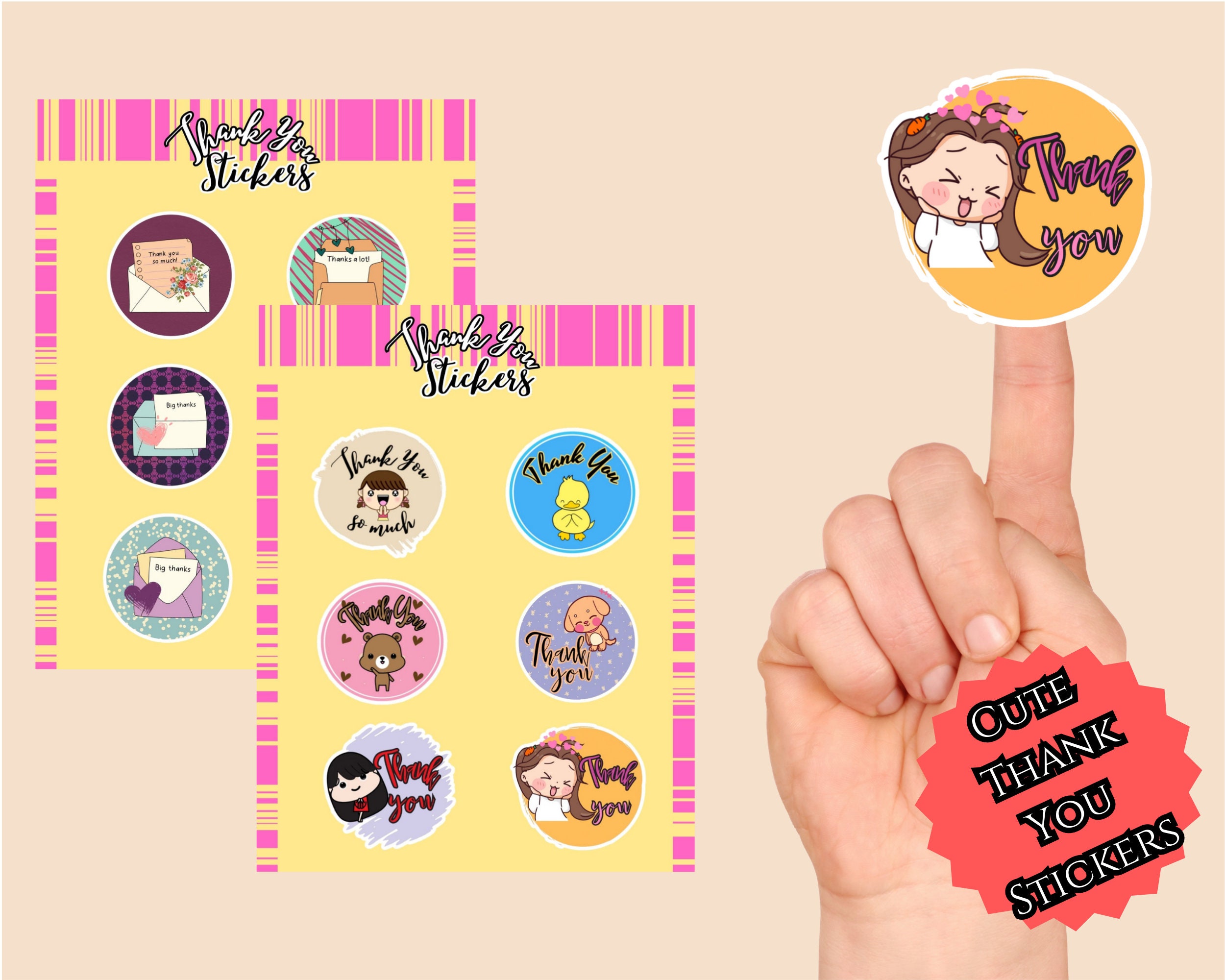 Digital Stickers Cute Thank You Stickers Printable - Etsy