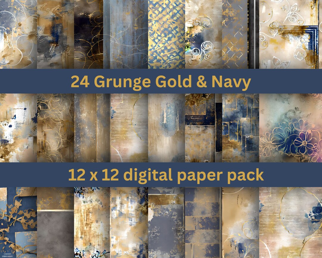 24 Printable Grunge Seamless Textured Paper Navy Blue and Gold Grunge ...