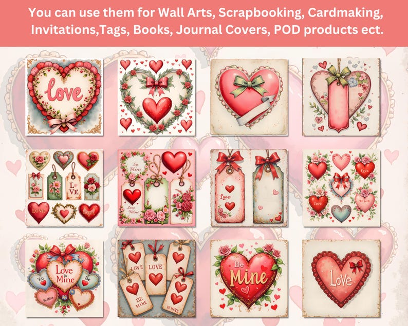 Valentine's Day Digital Paper Pack Heart Scrapbook Paper Vintage Love ...