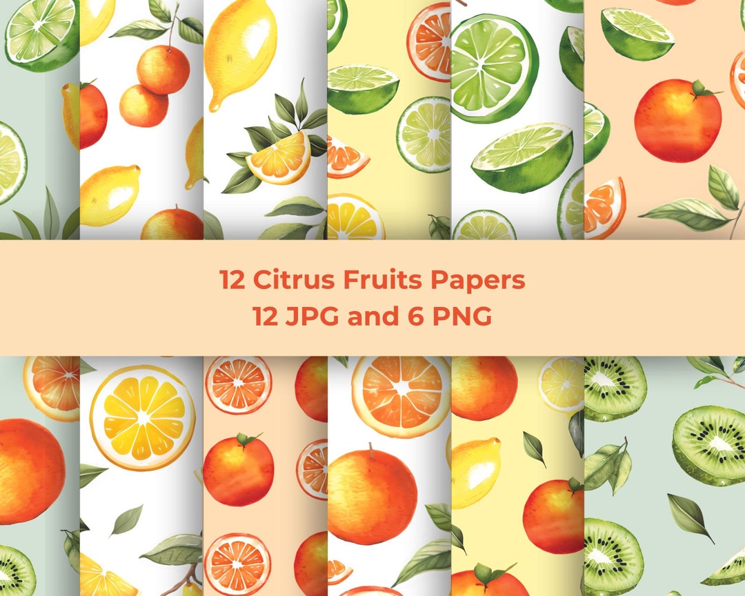 Citrus Fruit Digital Papers Tropical Fruits Seamless Pattern Lemon ...