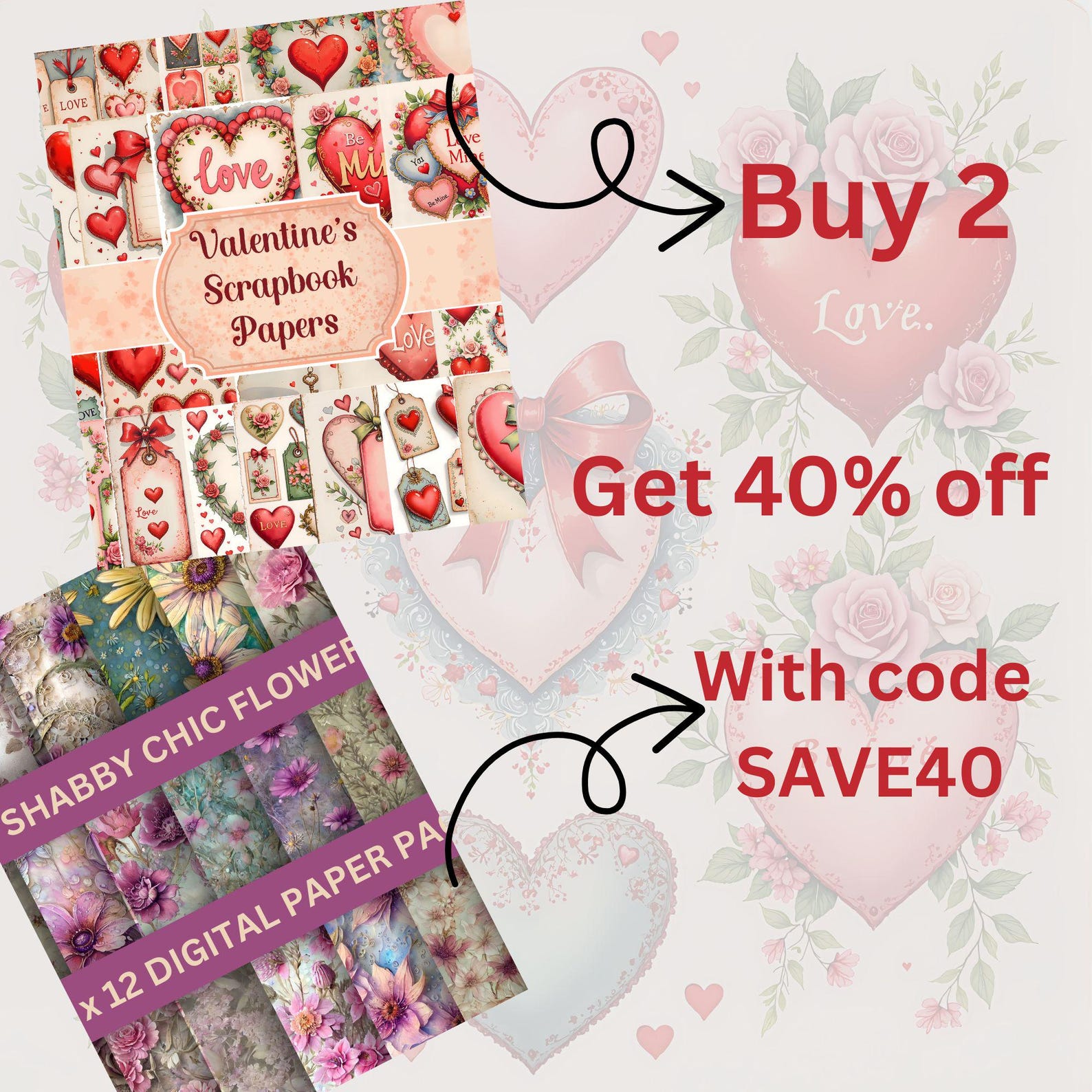 Valentine's Day Digital Paper Pack Heart Scrapbook Paper Vintage Love ...