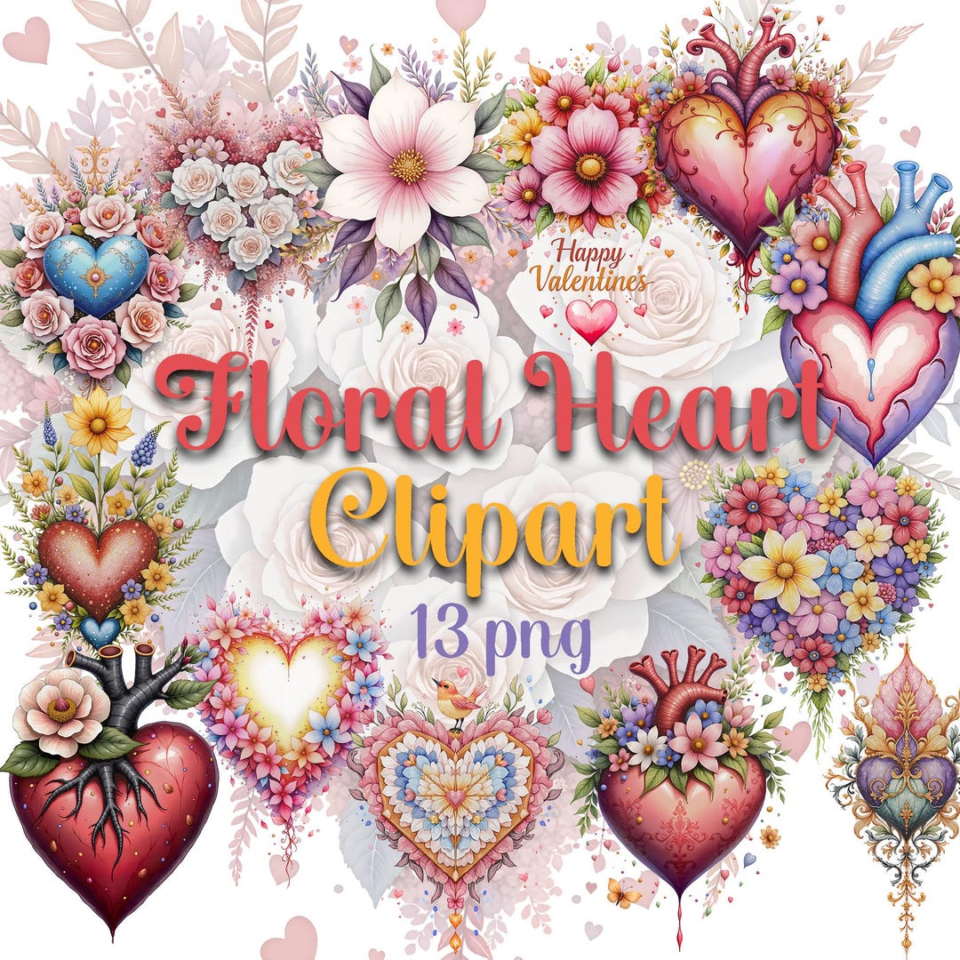 Watercolor Floral Heart PNG Valentines Day Clipart Bundle Flower Heart ...