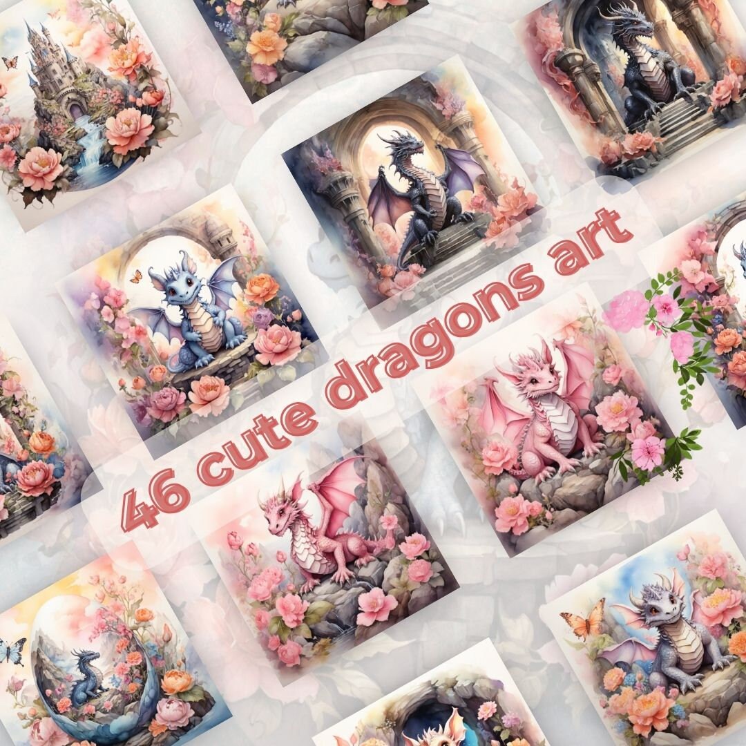 46 Watercolor Kawaii Baby Dragons Whimsical Digital Papers Dragon Egg ...