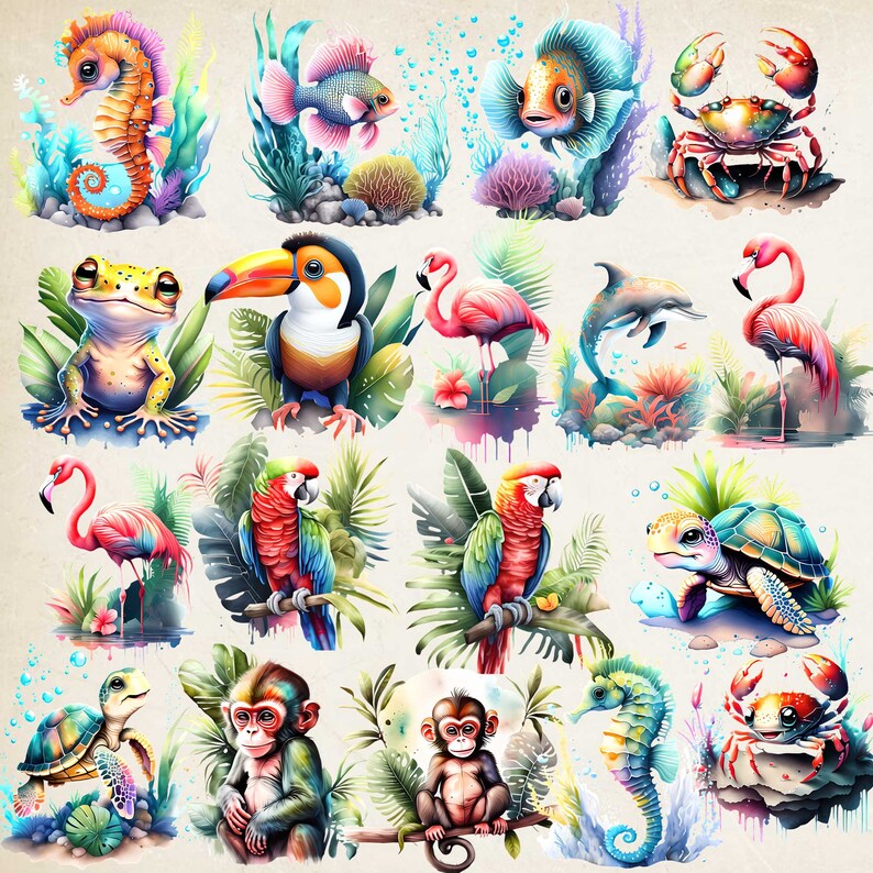 Tropical Animals Clipart Set Ocean Sea Animal Summer Beach Pink ...