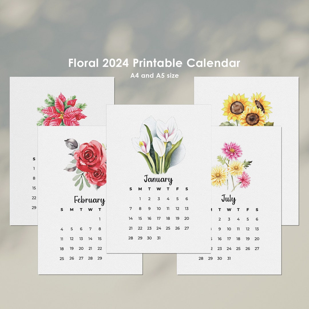 Floral Calendar 2024 Mini Desk Printable Watercolor Calendar 12 Month ...