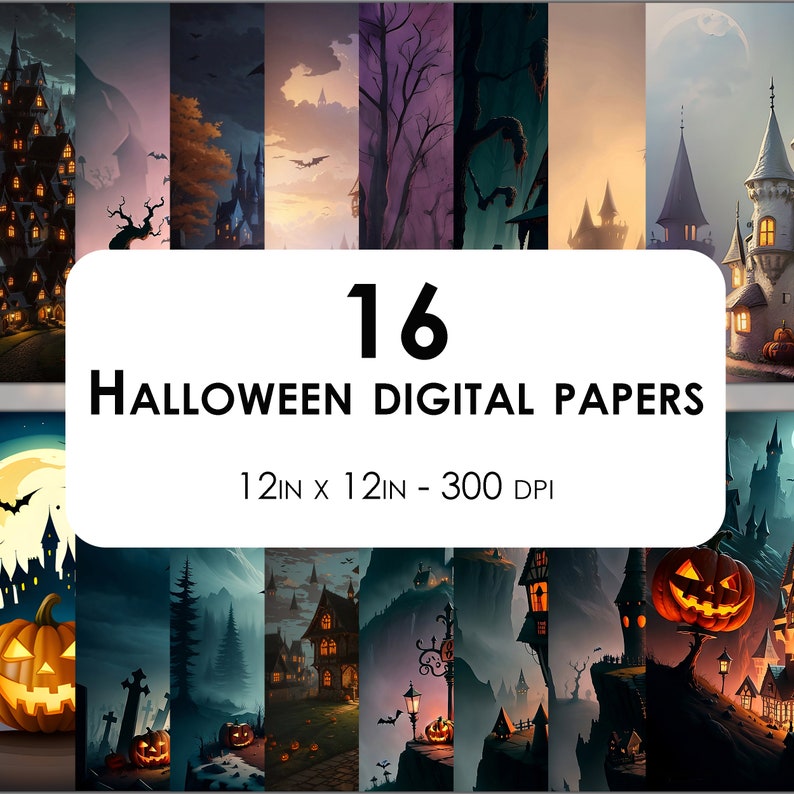 Halloween Scenes Digital Paper Printable Halloween Landscape - Etsy