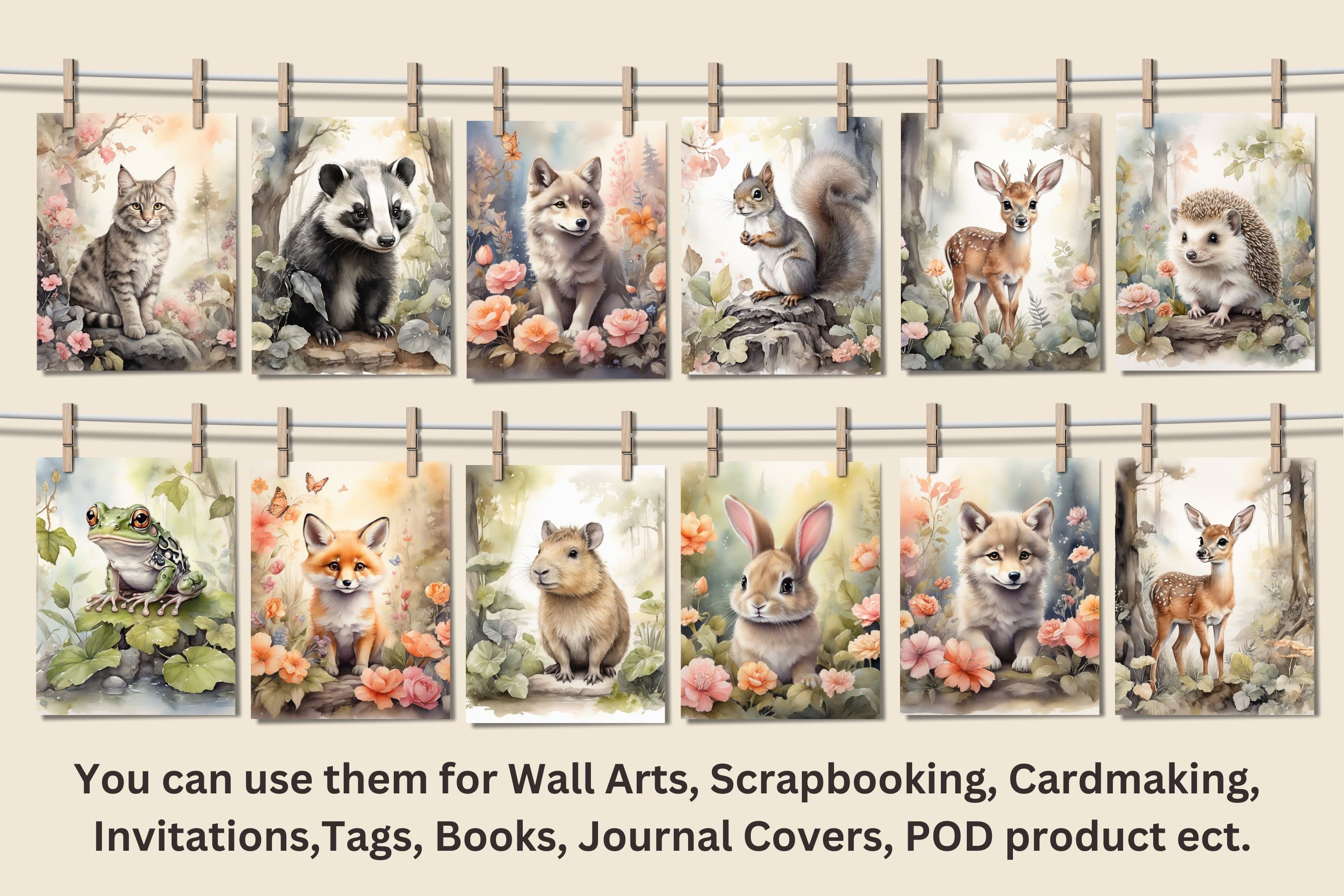 40 Watercolor Woodland Animals Nursery Clipart Digital Papers Pack ...