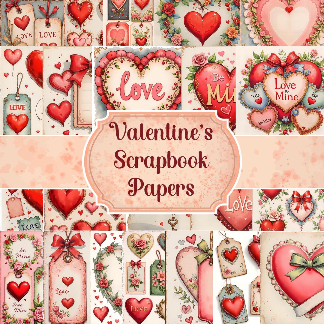 Valentine's Day Digital Paper Pack Heart Scrapbook Paper Vintage Love ...