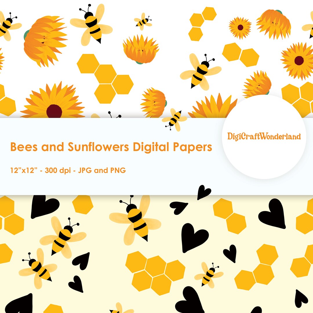 Sunflowers and Bees Digital Papers: Summer Scrapbook Paper (JPG, PNG ...