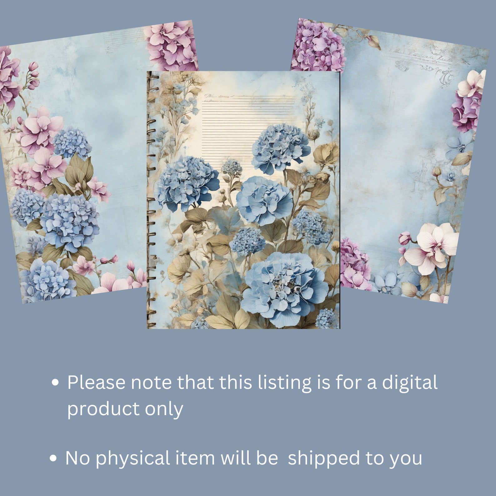 Dusty Blue Flowers Junk Journal Kit Hydrangea Prints Junk Journal Pages ...