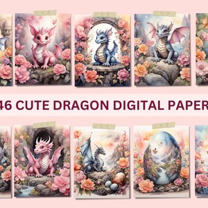 46 Watercolor Kawaii Baby Dragons Whimsical Digital Papers Dragon Egg ...