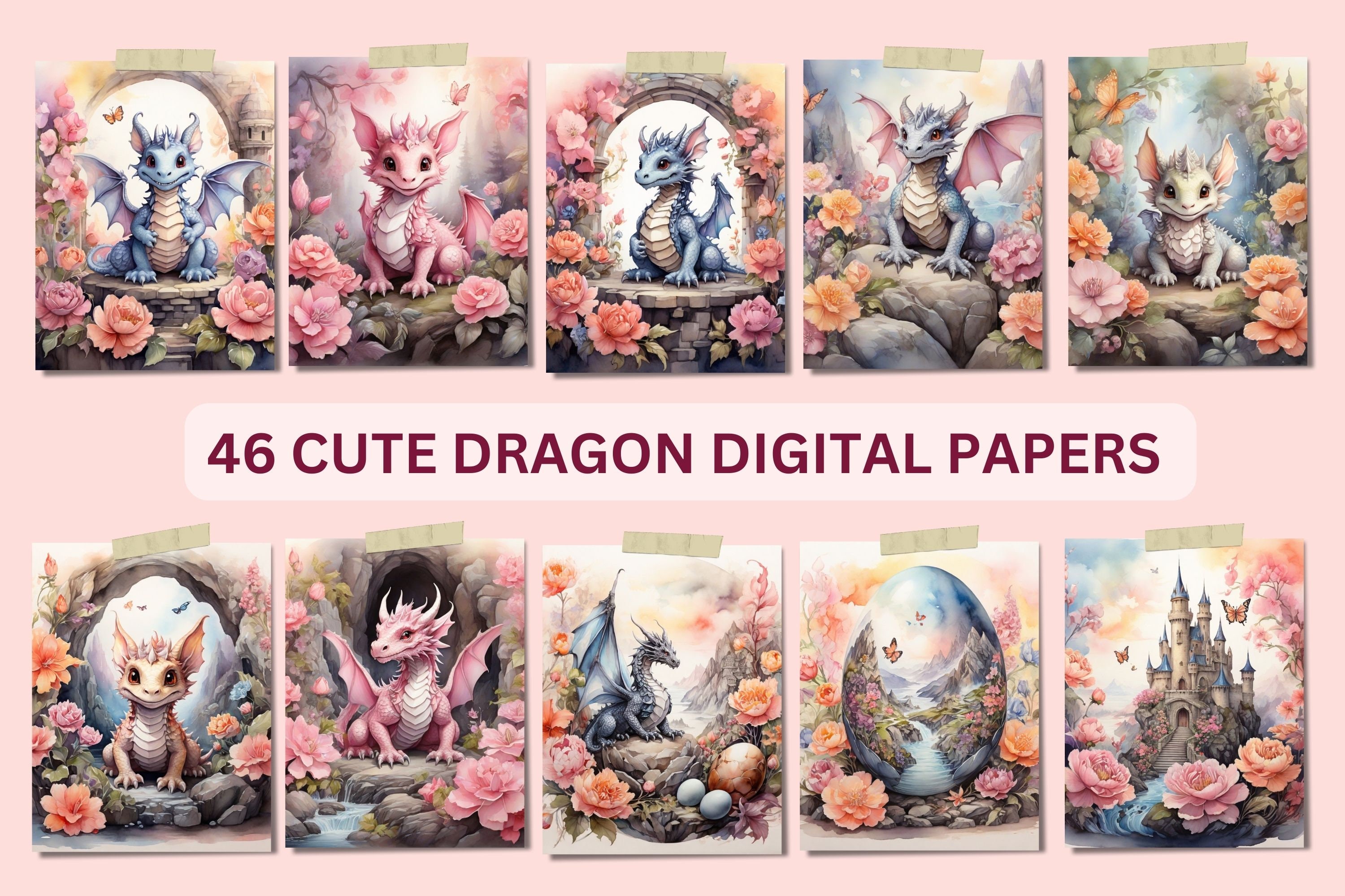 46 Watercolor Kawaii Baby Dragons Whimsical Digital Papers Dragon Egg ...