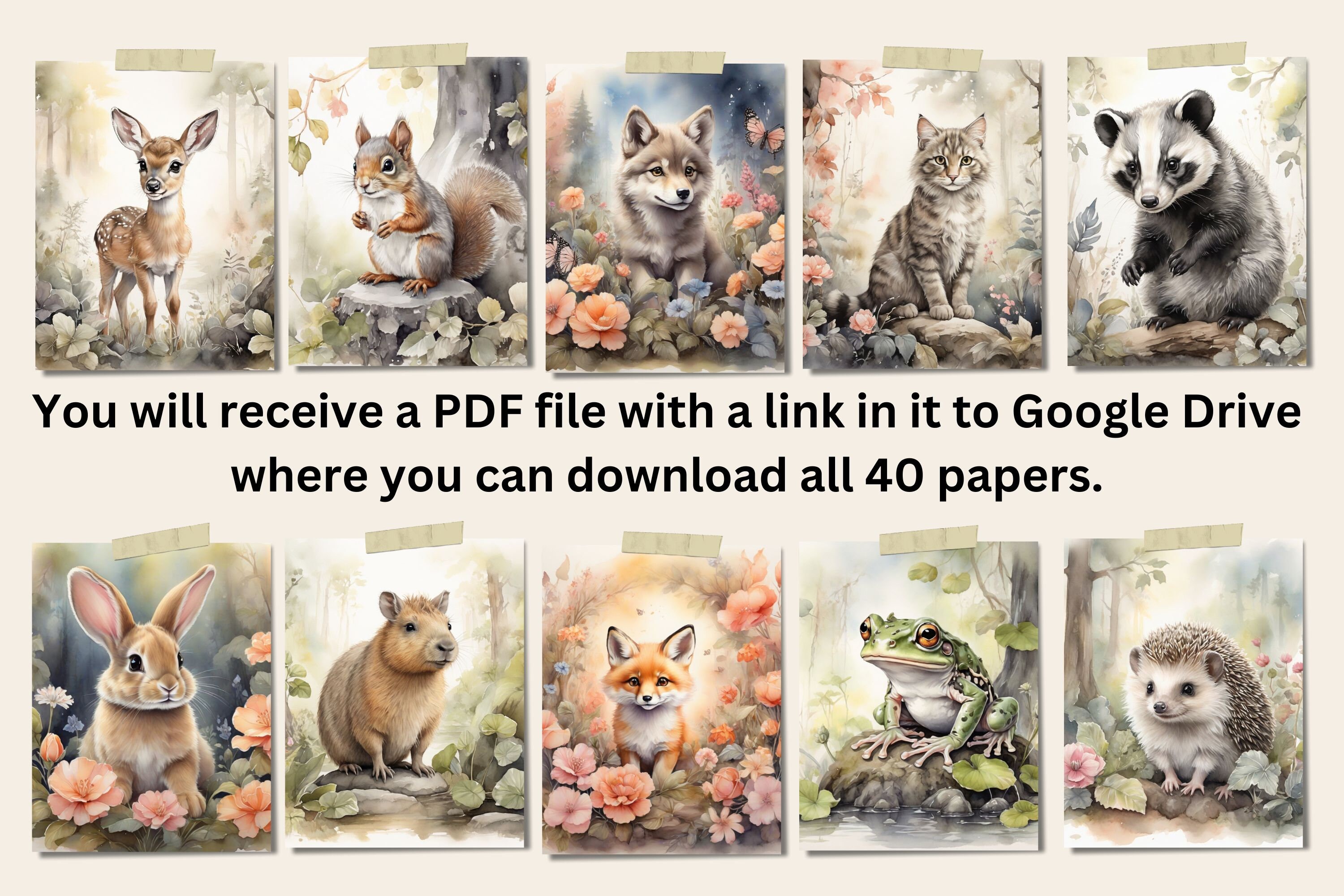 40 Watercolor Woodland Animals Nursery Clipart Digital Papers Pack ...