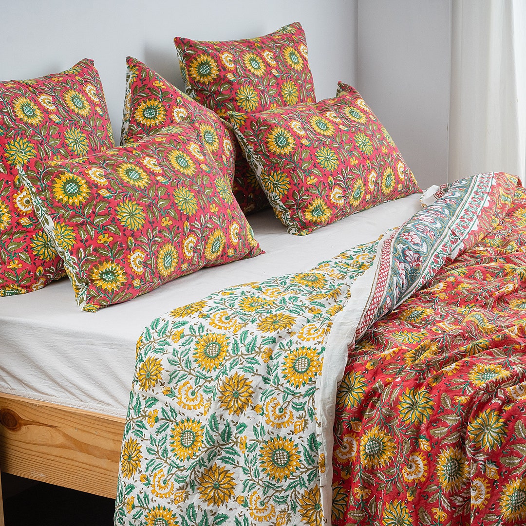 Vintage-inspired Cotton Duvet Cover, Colorful Block Print, Soft and ...