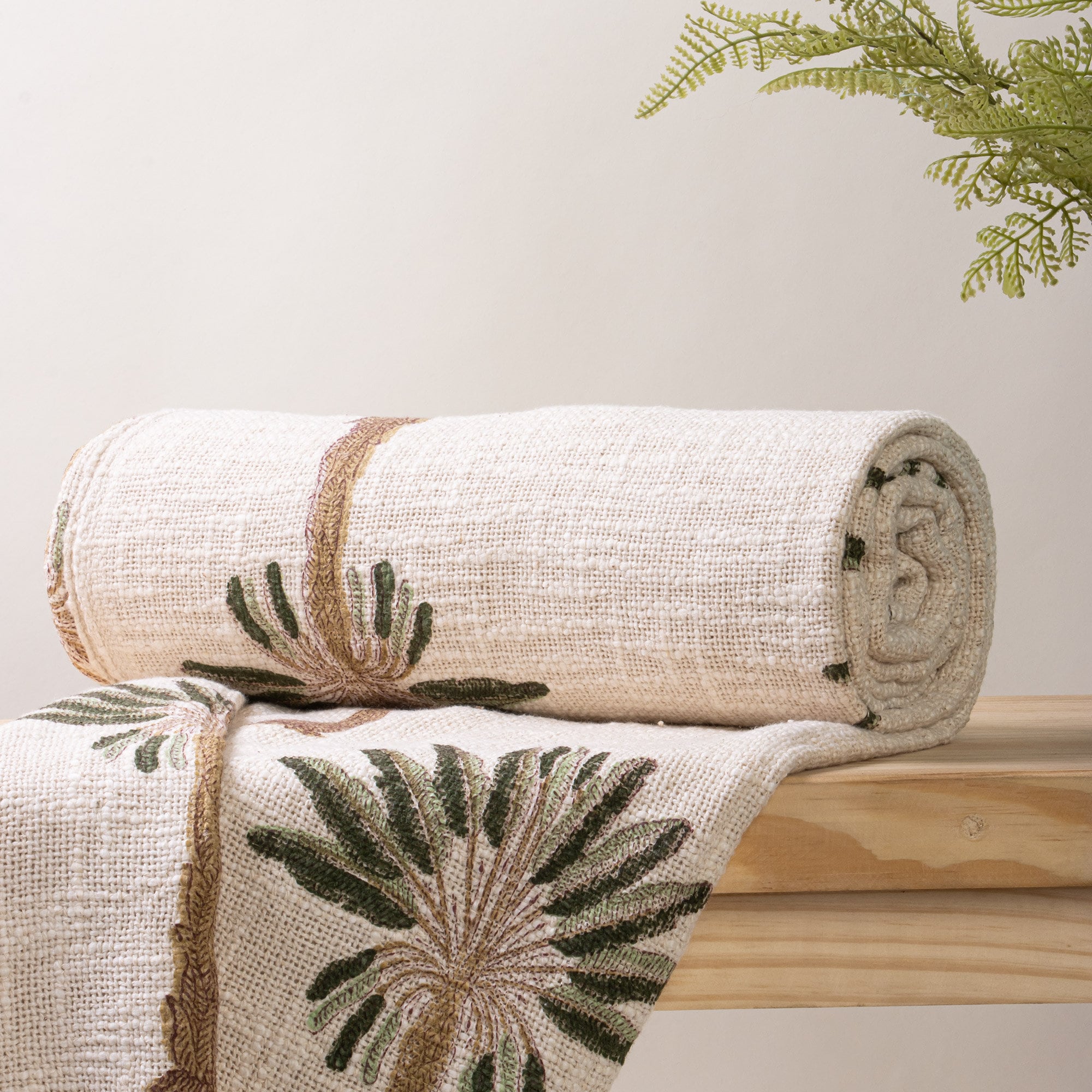 Hand Block Print Cotton Throw, Green Palm Hand Woven Blanket, Tassel ...