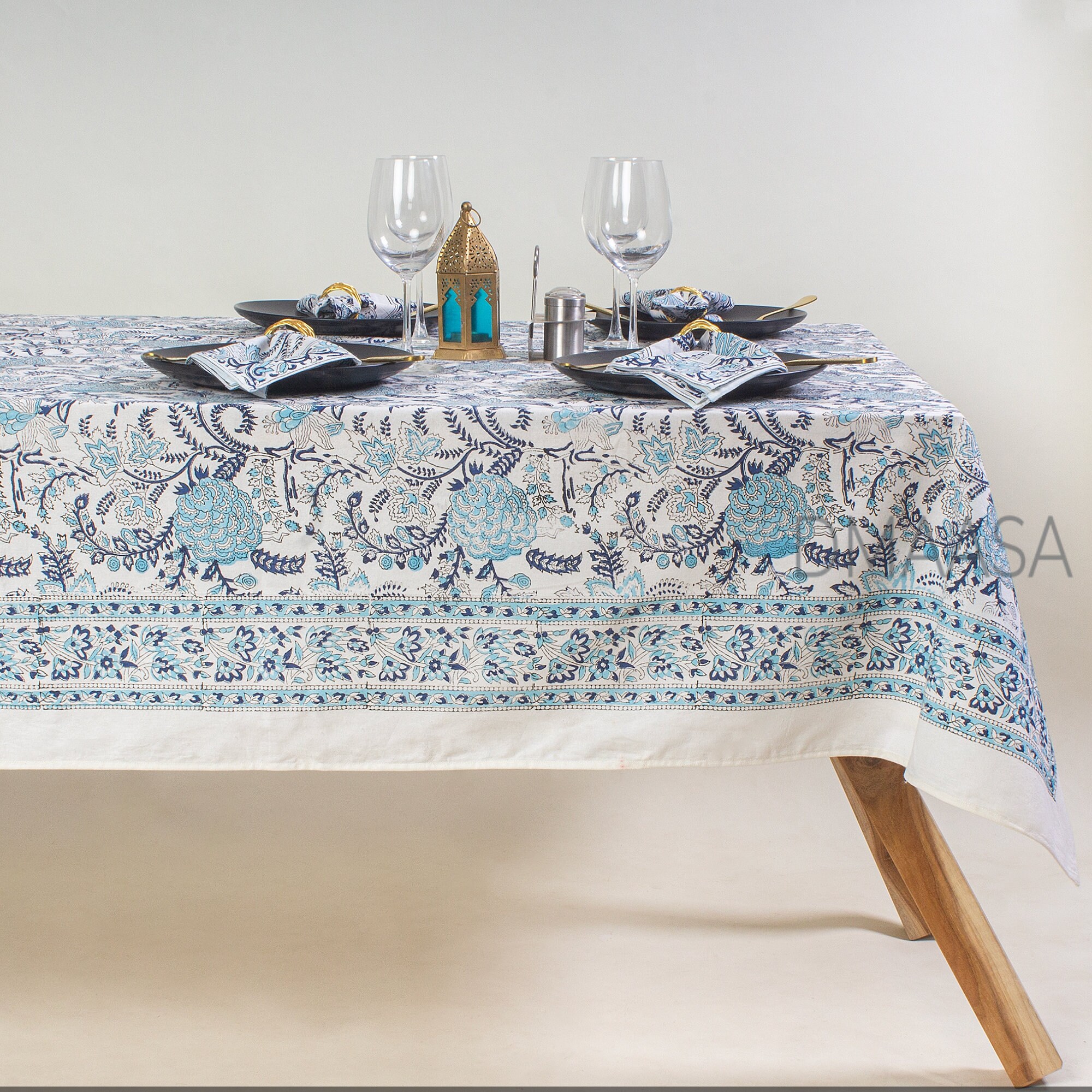Turquoise Blue and White Tablecloth, Floral Indian Hand Block Printed ...