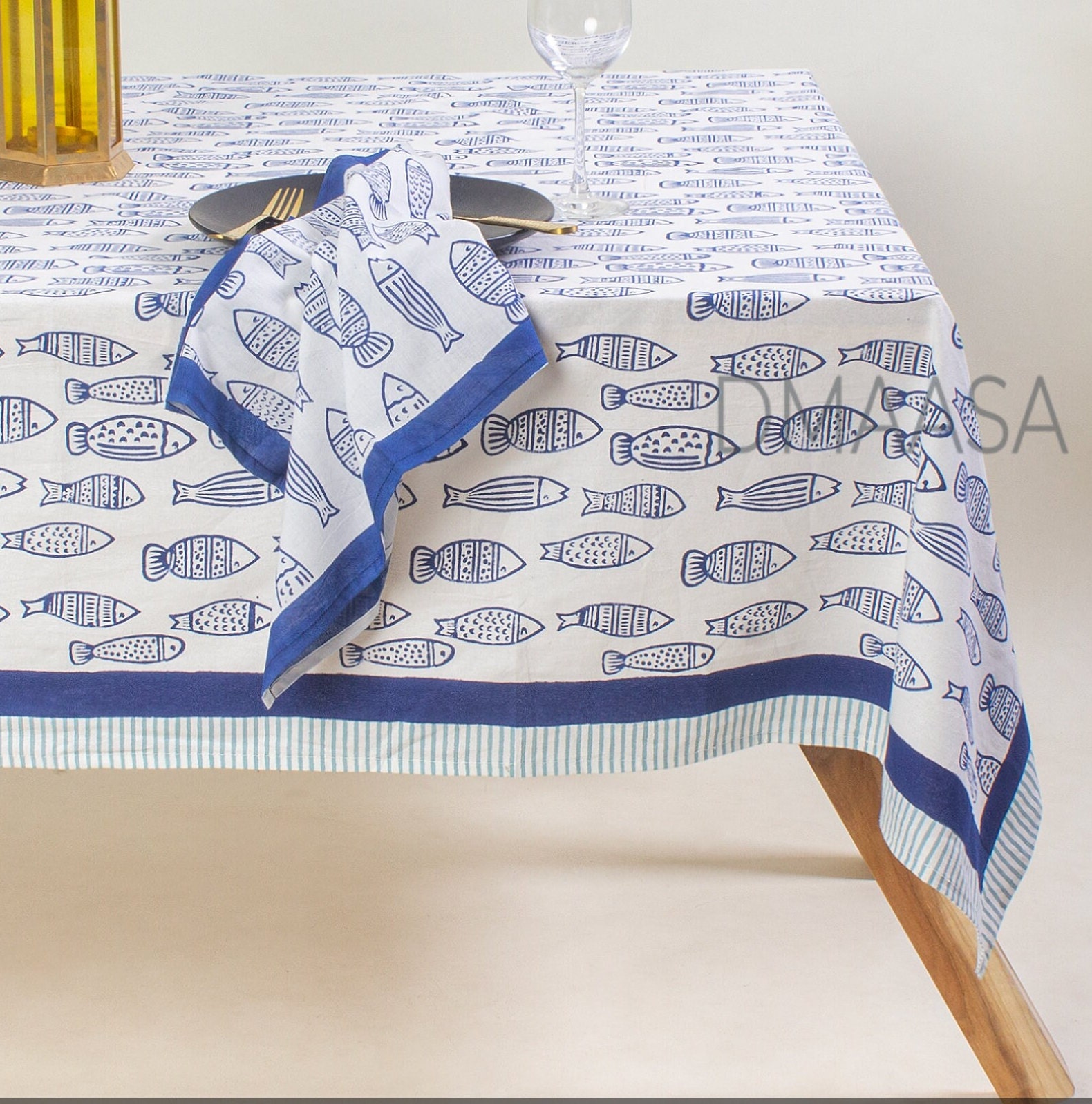 Fish Print Hand Block Printed Cotton Tablecloth, Dining Table Cover ...