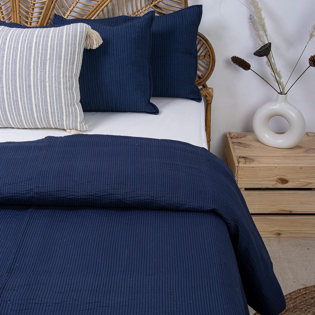 Solid Blue Waffle Texture Machine Quilts, Organic Cotton Machine Quilt ...