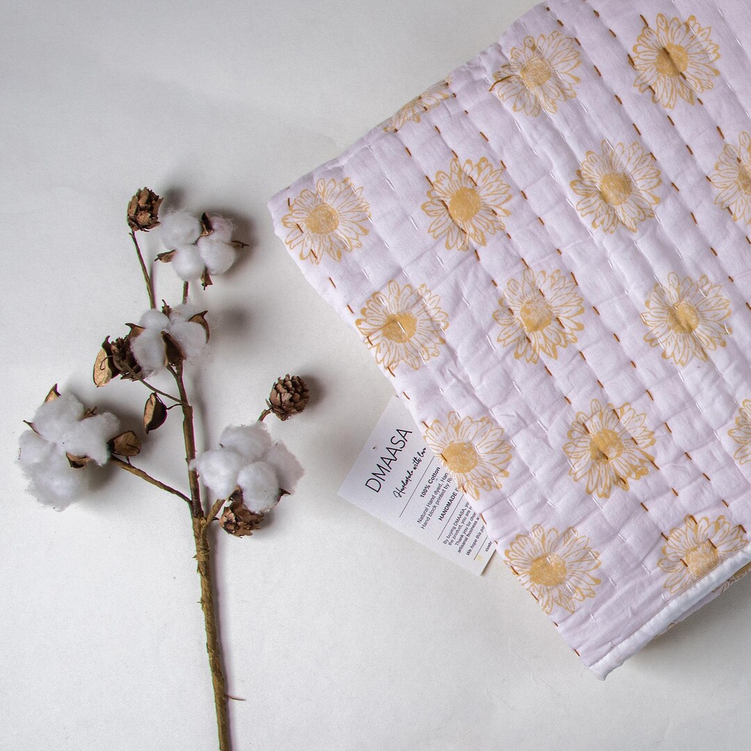 Sunflower Baby Quilt, Block Print Baby Blanket, Kantha Handmade Quilts ...