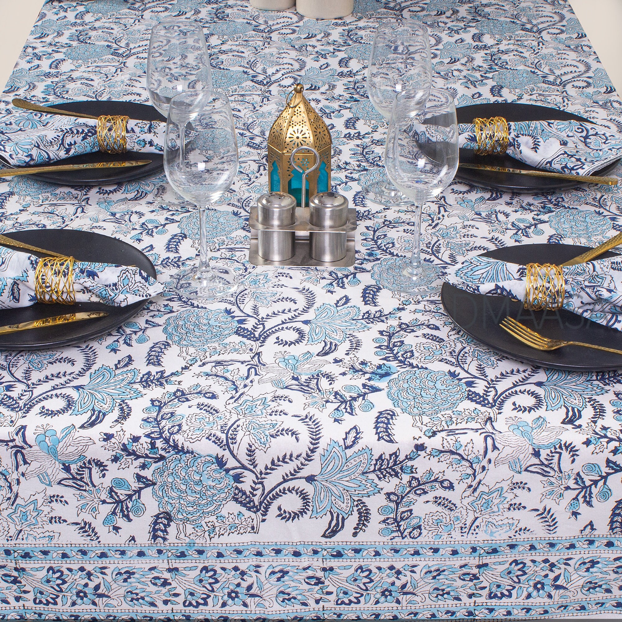 Turquoise Blue and White Tablecloth, Floral Indian Hand Block Printed ...