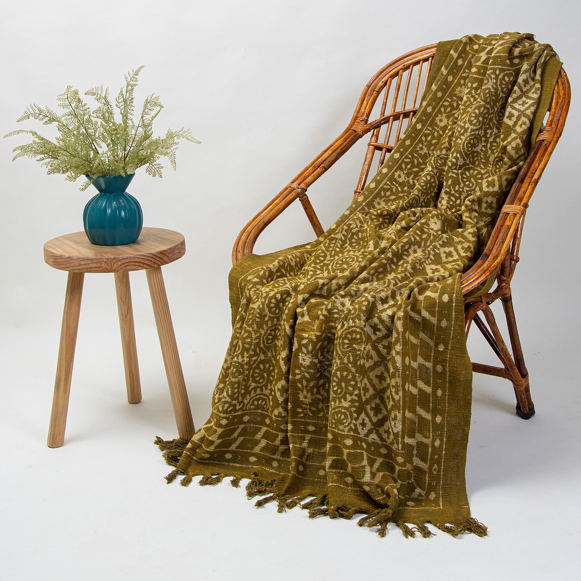 Olive Green Block Printed Handmade Cotton Throw Blanket for Bed and ...