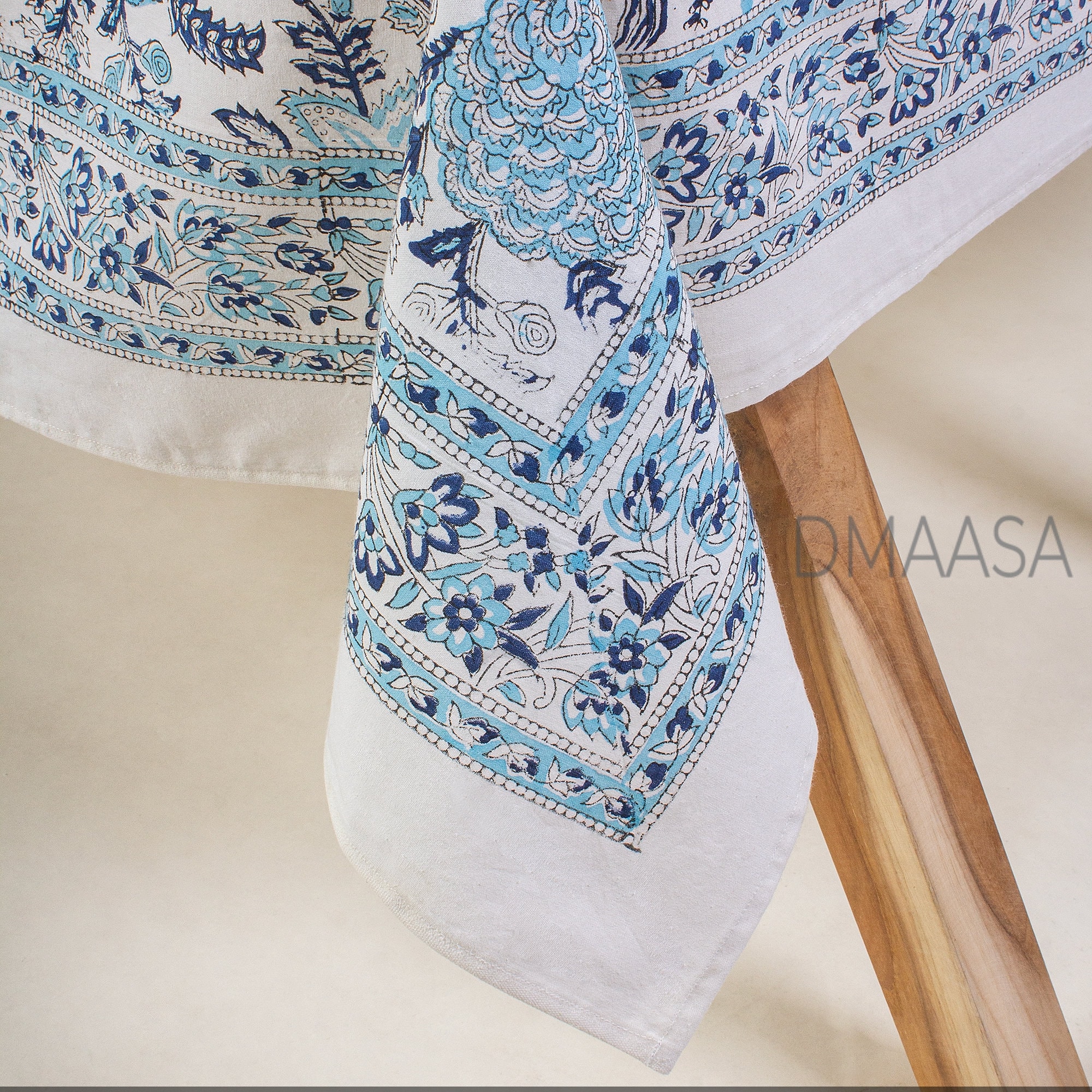 Turquoise Blue and White Tablecloth, Floral Indian Hand Block Printed ...