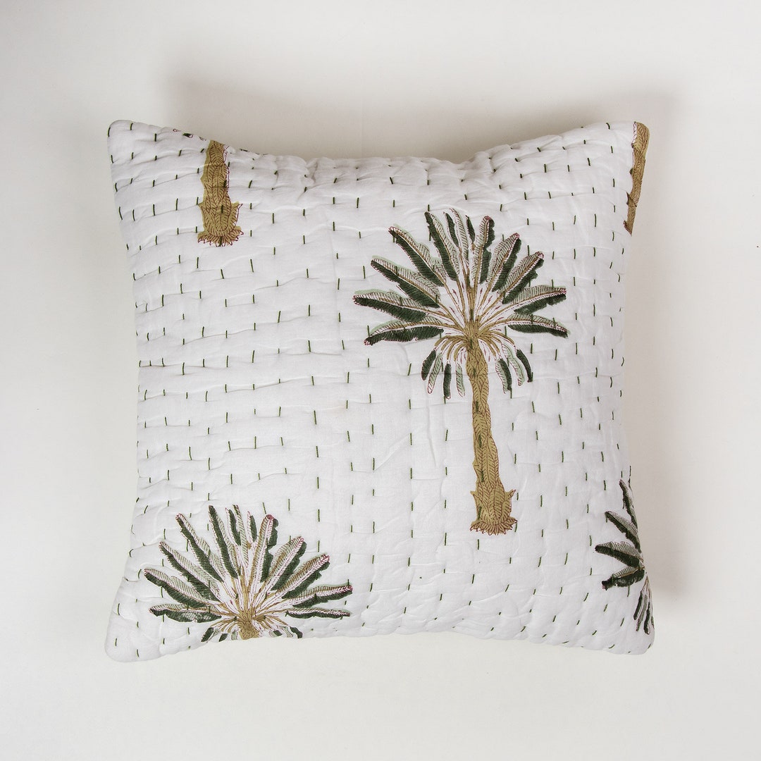 Modern Block Printed Green Palm Tree Cushion Cover, Indian Hand ...
