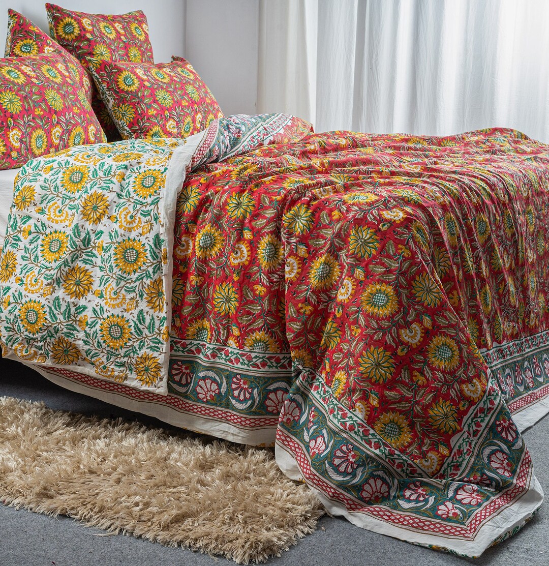 Vintage-inspired Cotton Duvet Cover, Colorful Block Print, Soft and ...