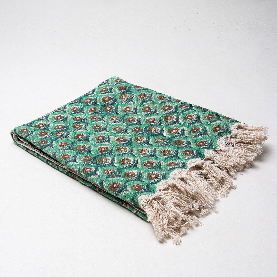 Hand Block Print Cotton Throw, Green Floral Hand Woven Blanket, Organic ...