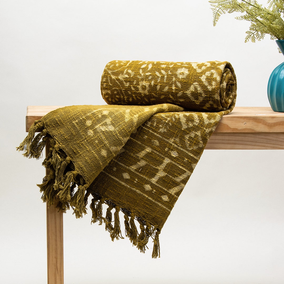 Olive Green Block Printed Handmade Cotton Throw Blanket for Bed and ...