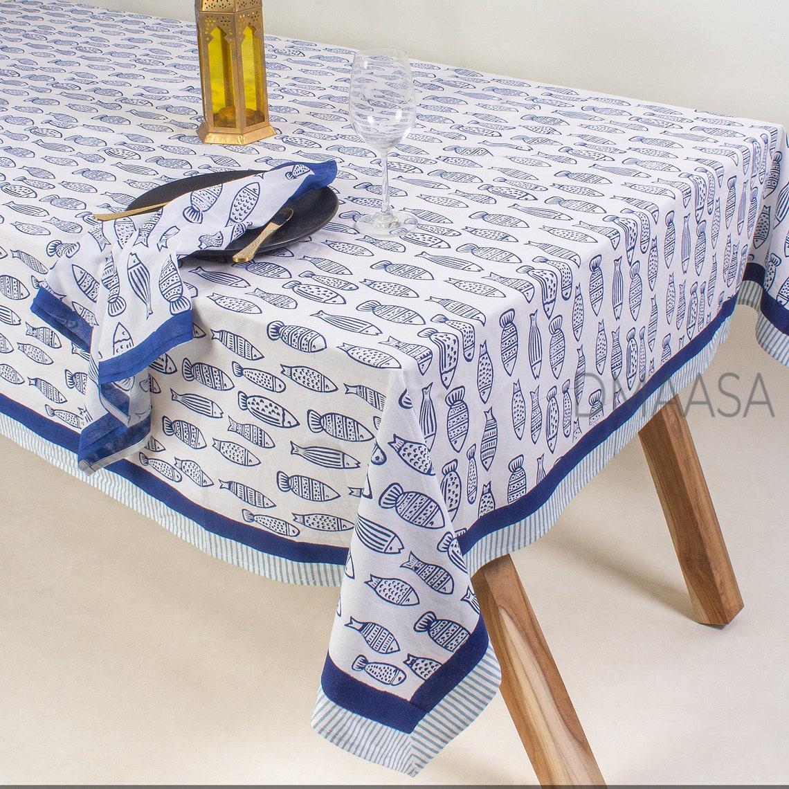 Fish Print Hand Block Printed Cotton Tablecloth, Dining Table Cover ...