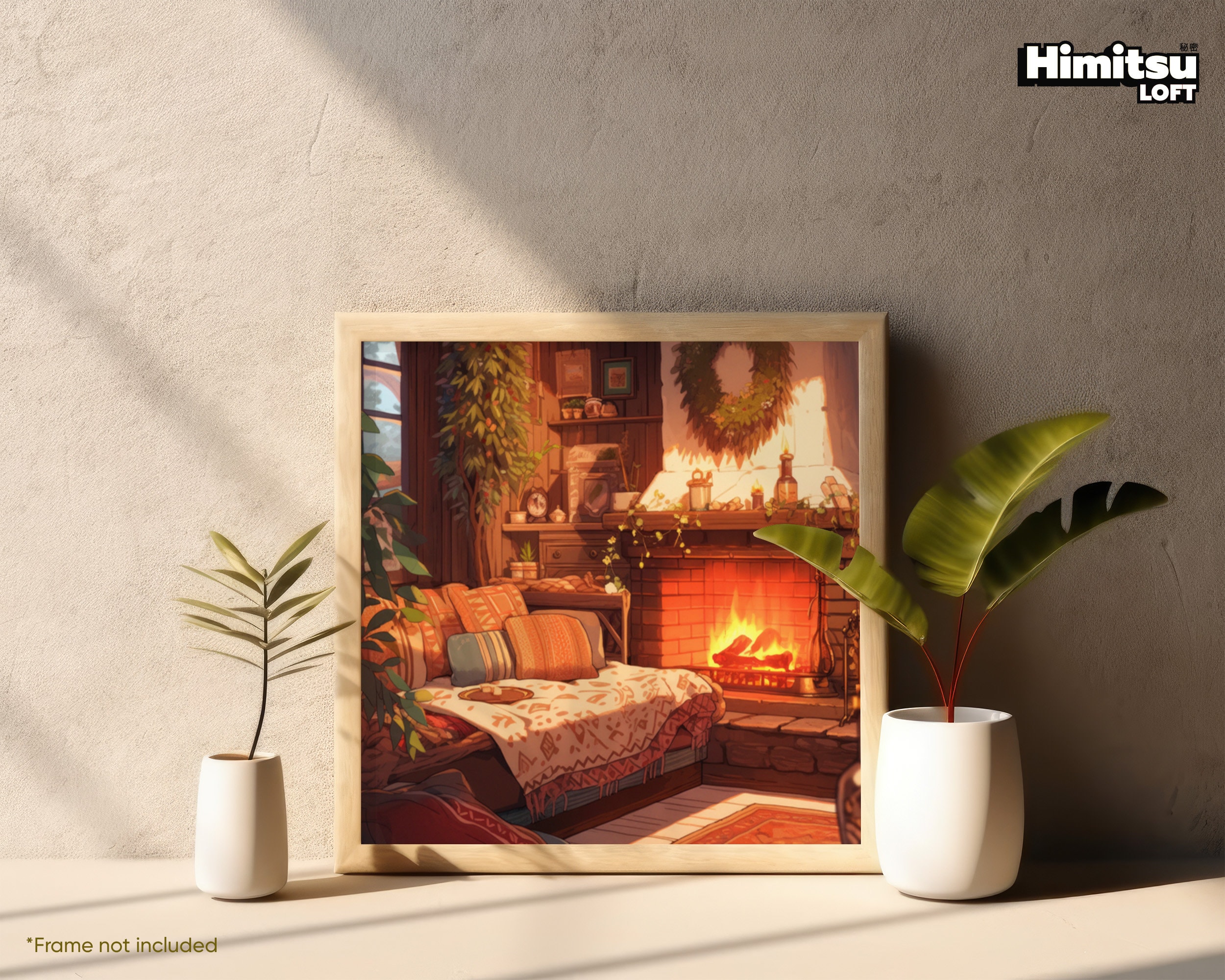 Fireside Ghibli Poster Enchanted Cozy Room Fireplace Festive Art Anime ...