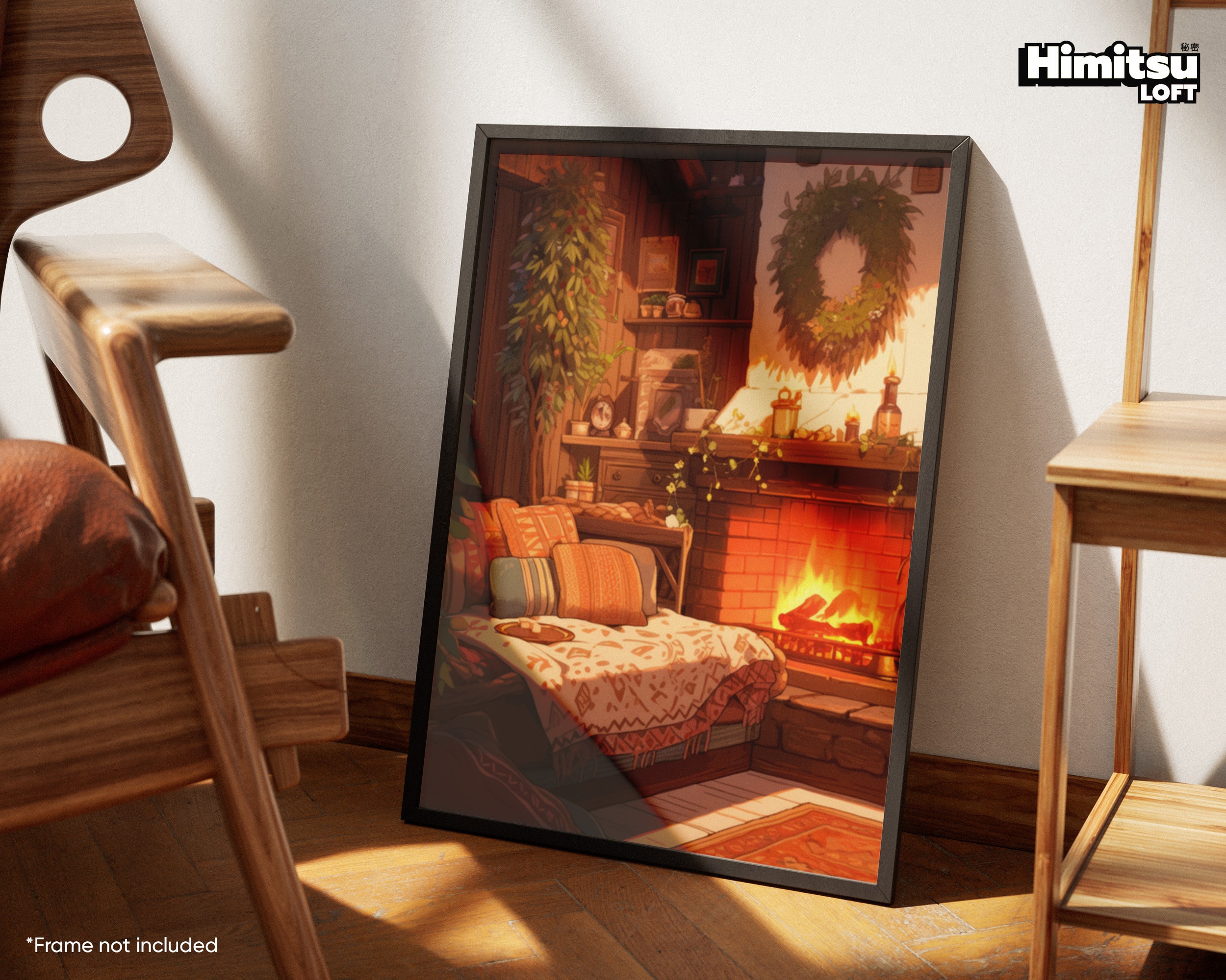 Fireside Ghibli Poster Enchanted Cozy Room Fireplace Festive Art Anime ...