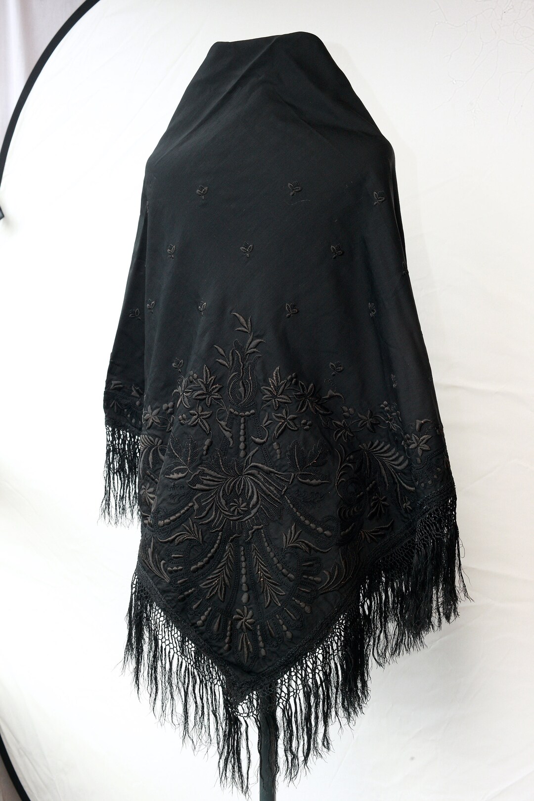 Victorian Black Mourning Shawl With Fringe and Black Rose Embroidery ...