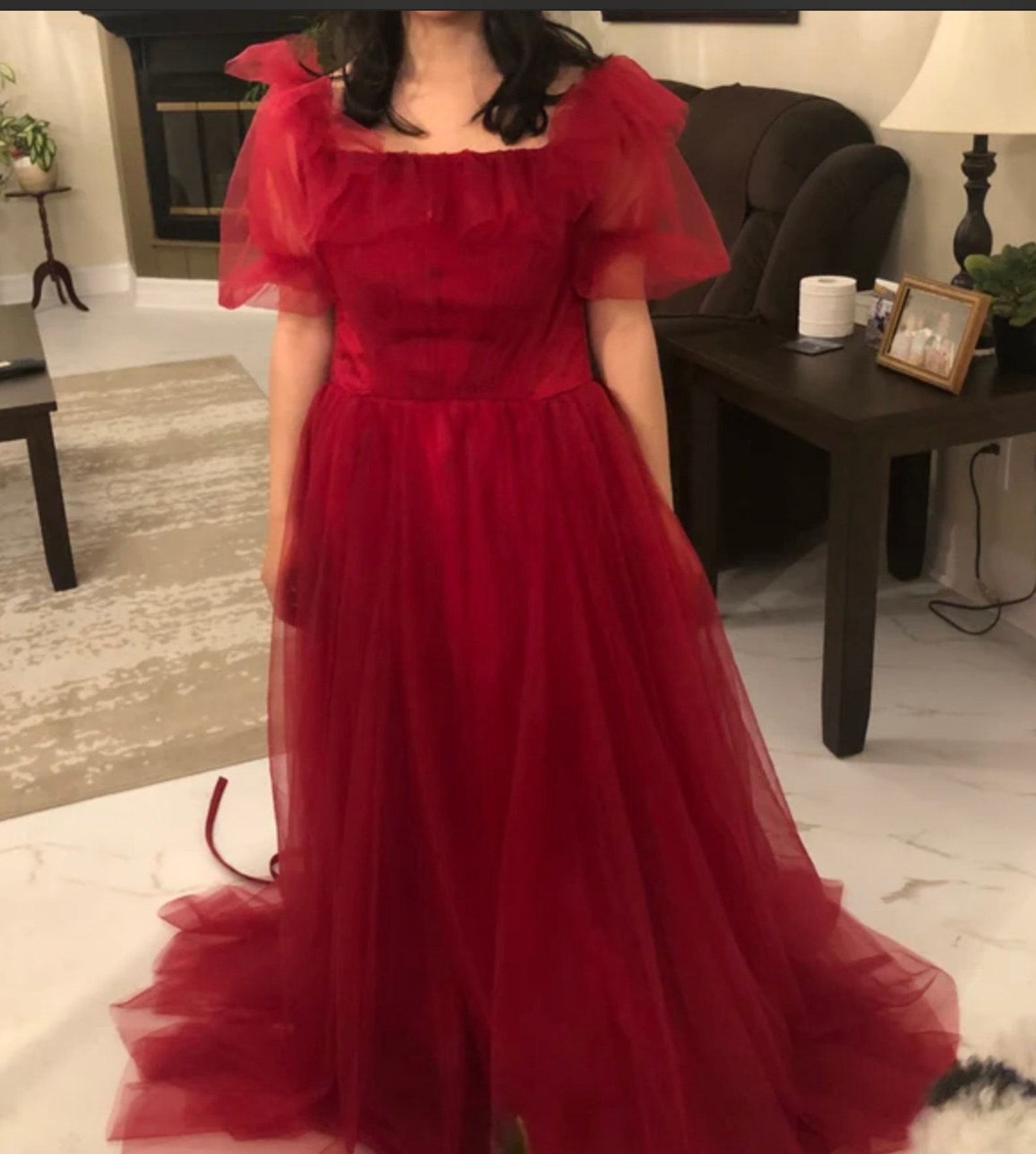 Red Contemporary Prom Gown Dress , Red Mesh Long Dress, Red Tulle Dress ...