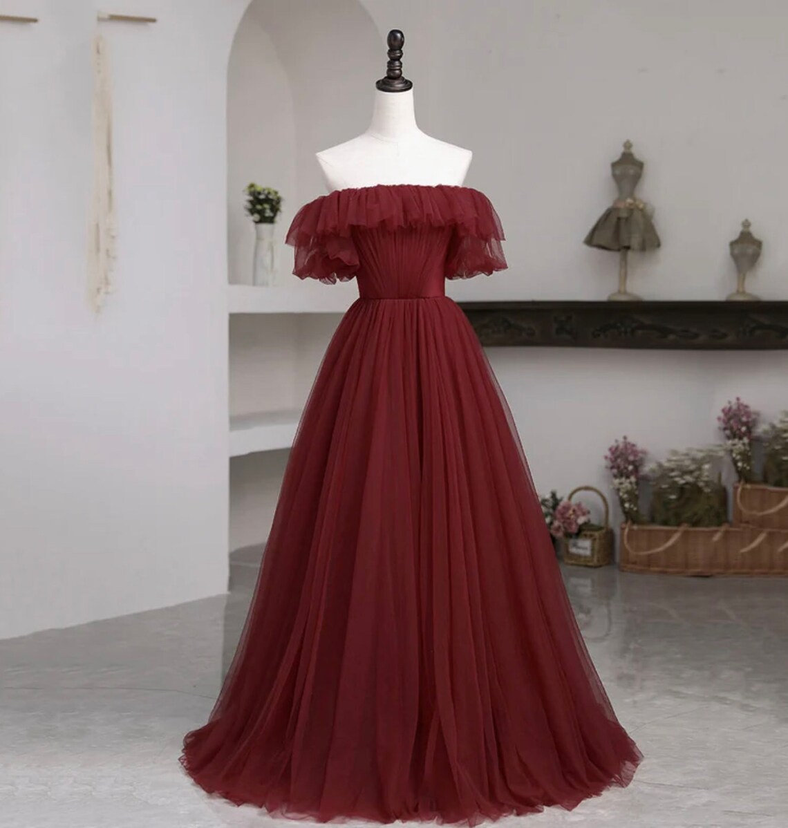 Red Contemporary Prom Gown Dress , Red Mesh Long Dress, Red Tulle Dress ...