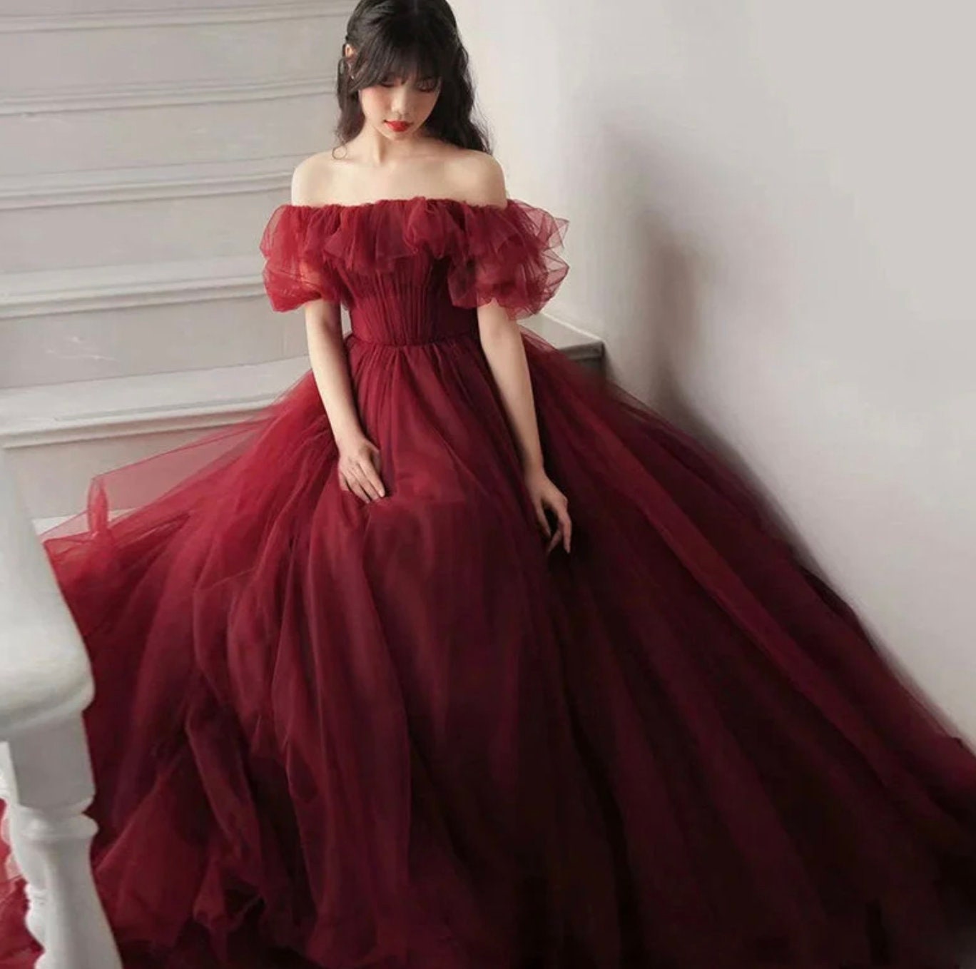 Red Contemporary Prom Gown Dress , Red Mesh Long Dress, Red Tulle Dress ...