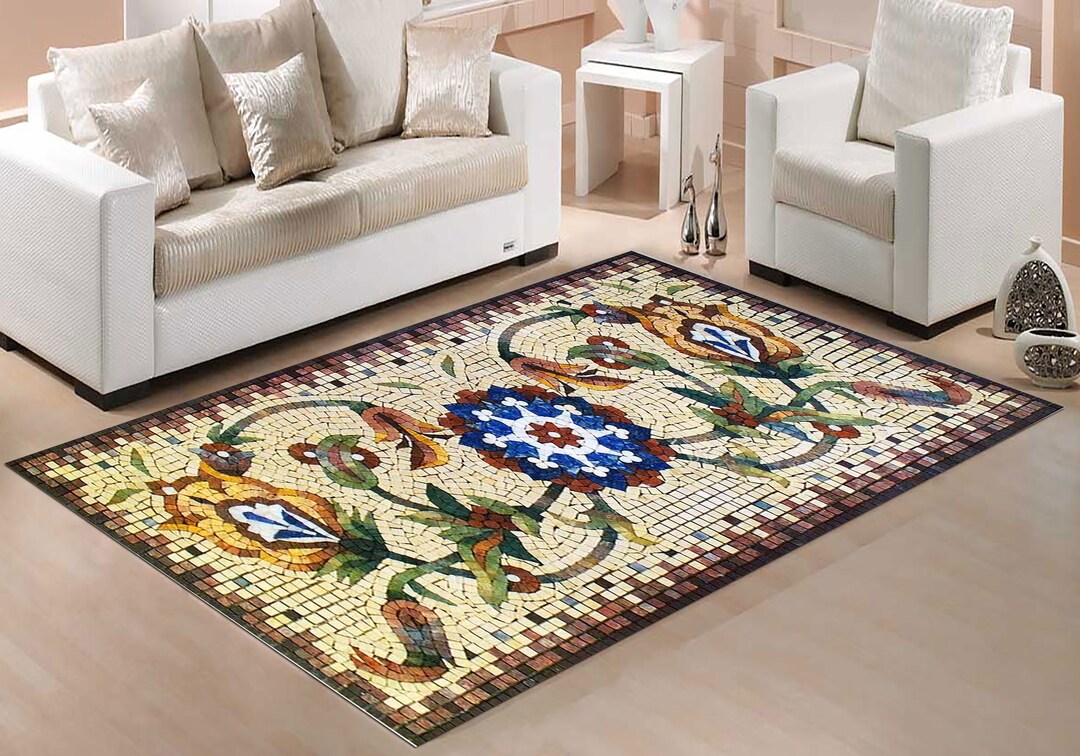 Flower Patterned Mosaic , Mosaic Theme Rug, Mosaic Pattern Rug, Living ...