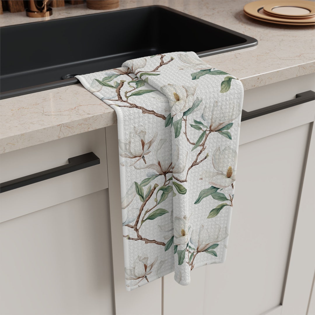 Tea Towel Floral Tea Towel Magnolia Tea Towel Neutral Tea - Etsy