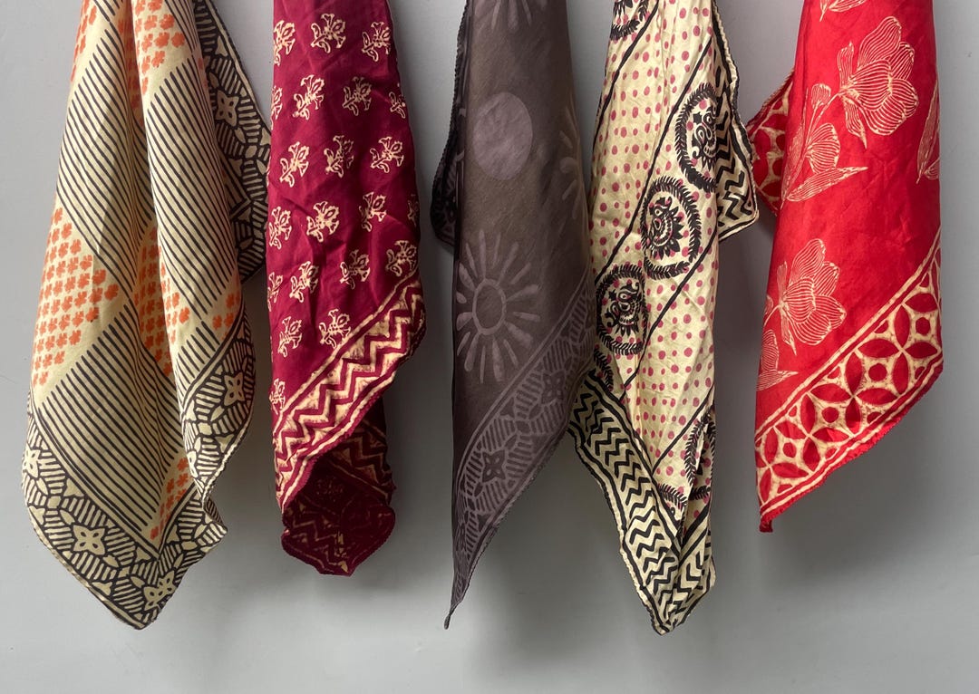 Set of 5 Handmade Silk Bandana Scarf,hand Block Print Neckerchief ...