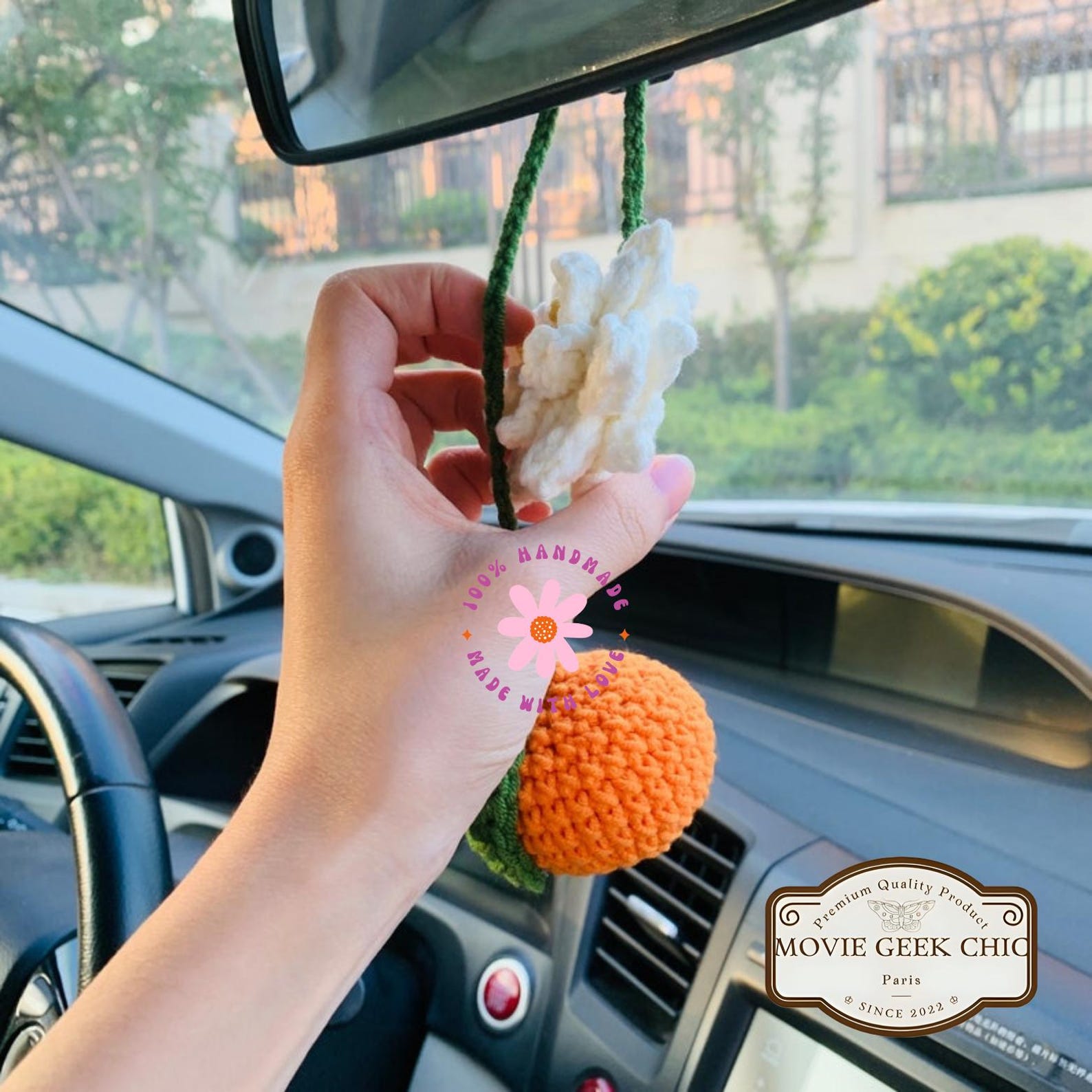 Orange and Flower Car Charm Crochet | Handmade Citrus Mirror Hanging ...