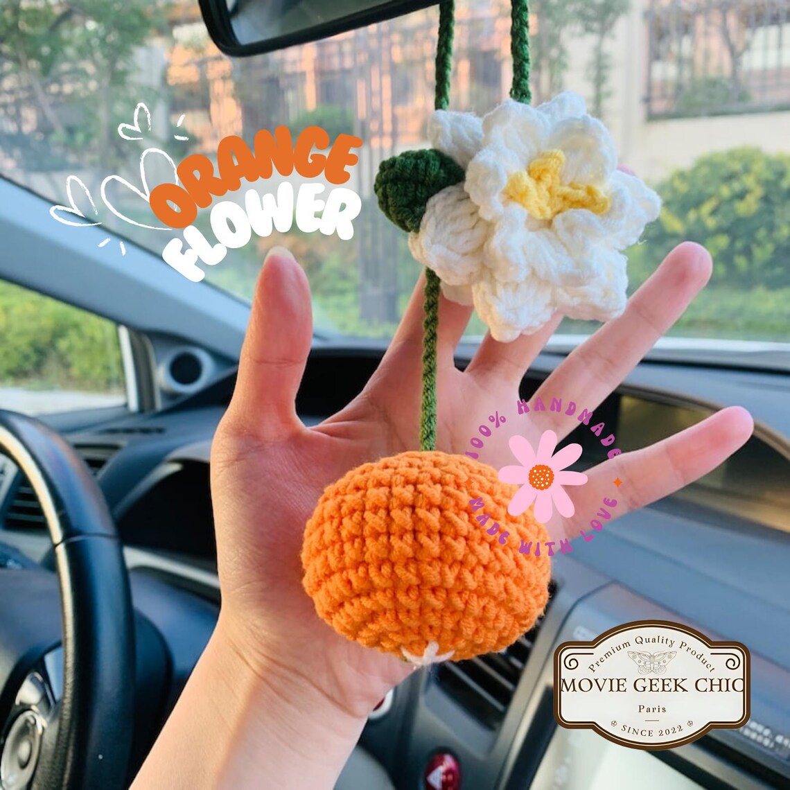 Orange and Flower Car Charm Crochet | Handmade Citrus Mirror Hanging ...